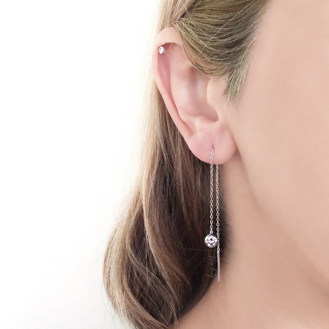 Dainty Sterling Silver Chain Threader Earrings: Zircon Solitaire - Etsy
