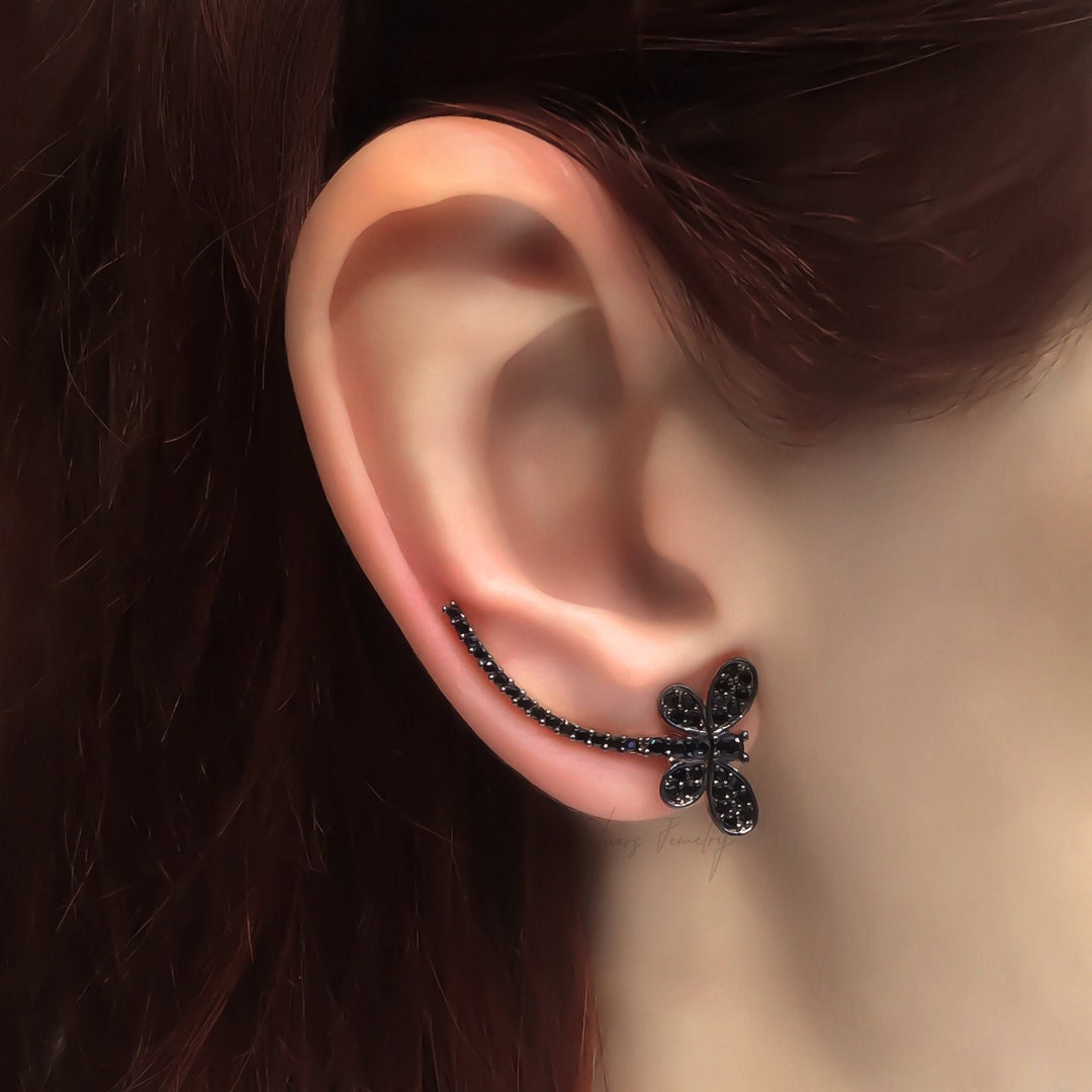 Sterling Silver Dragonfly Climber Earrings Crawler With Black Zirconia ...