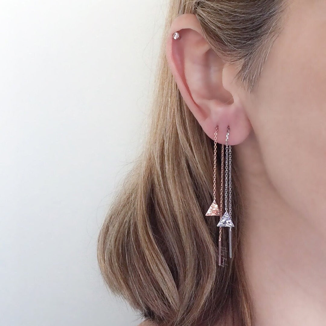 Sterling Silver Hammered Triangle Threader Earrings With Gold Filled ...