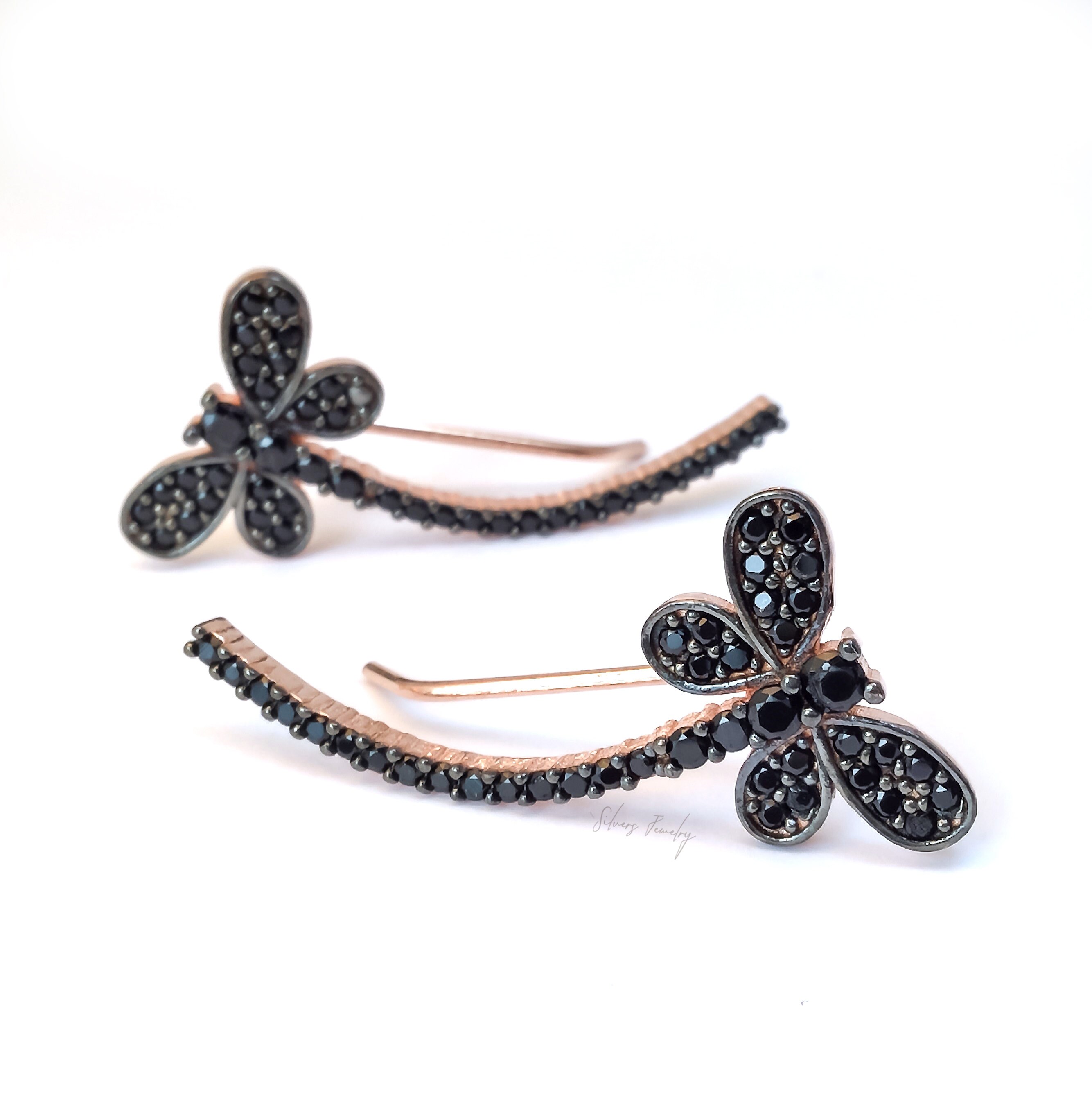 Sterling Silver Dragonfly Climber Earrings Crawler With Black Zirconia ...