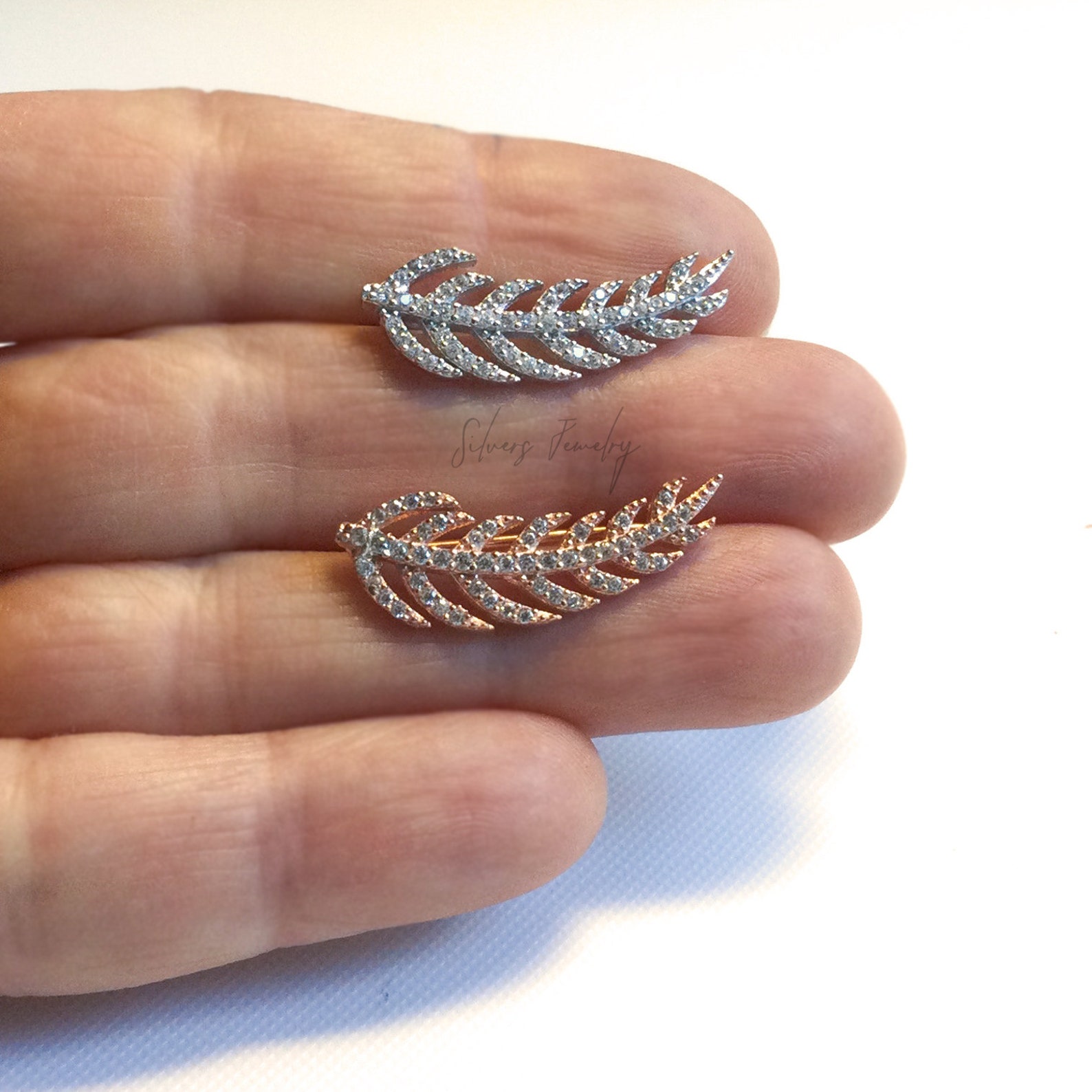 Sterling Silver Ear Climber, Leaf Earrings Glaromous Crawler With Clear ...