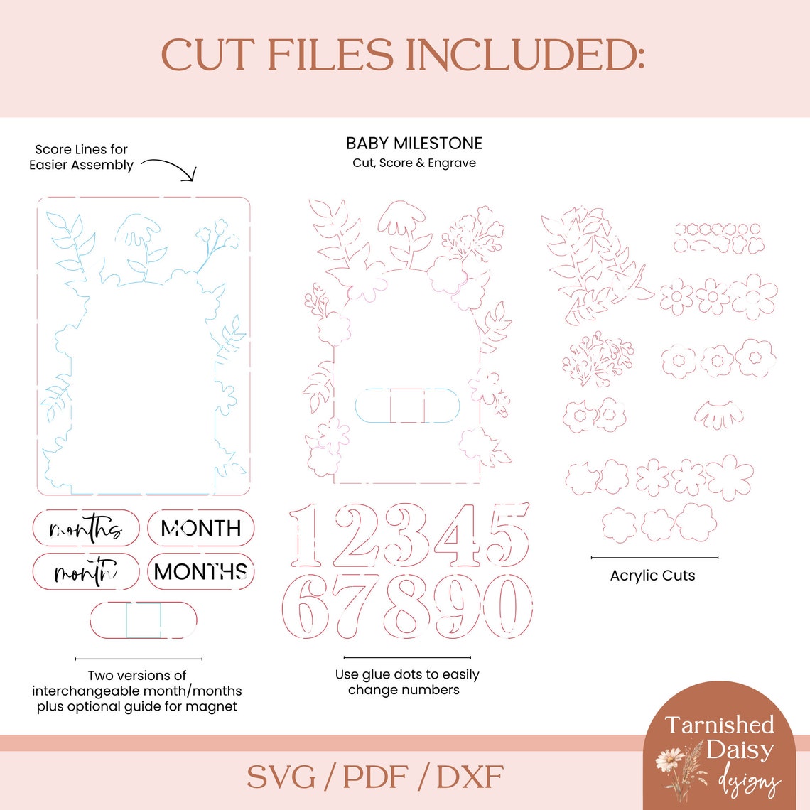 SVG Floral Interchangeable Monthly Milestones Laser Cutting File, Baby ...