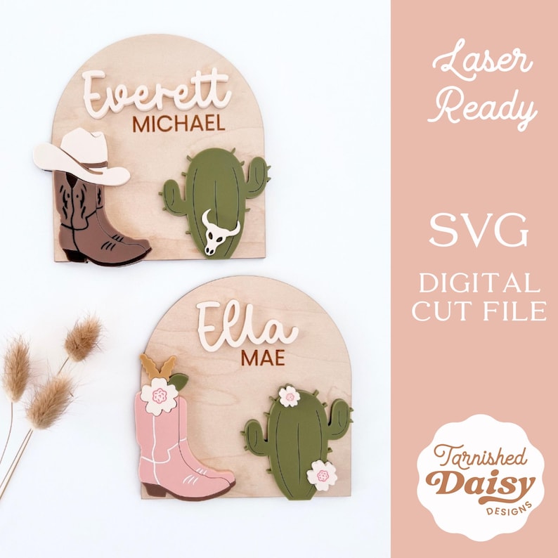 Western Boy Girl Name Sign Bundle SVG, Boots, Cactus, Cowgirl Cowboy ...