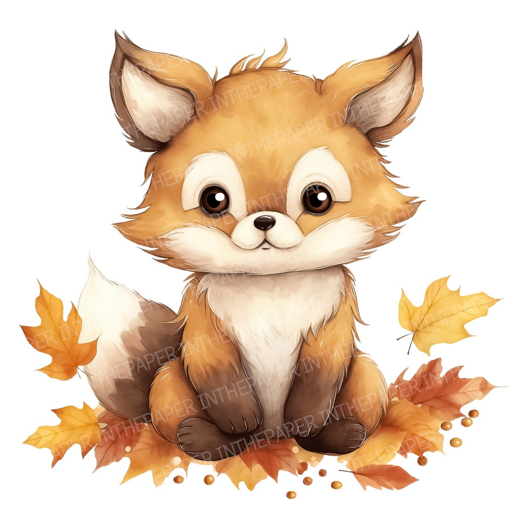 Cute Fox Cub in Leaves PNG Watercolor, Baby Animal Clip Art, Fallen ...