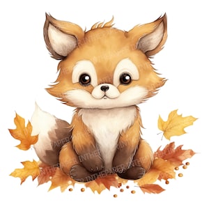 Cute Fox Cub in Leaves PNG Watercolor, Baby Animal Clip Art, Fallen ...