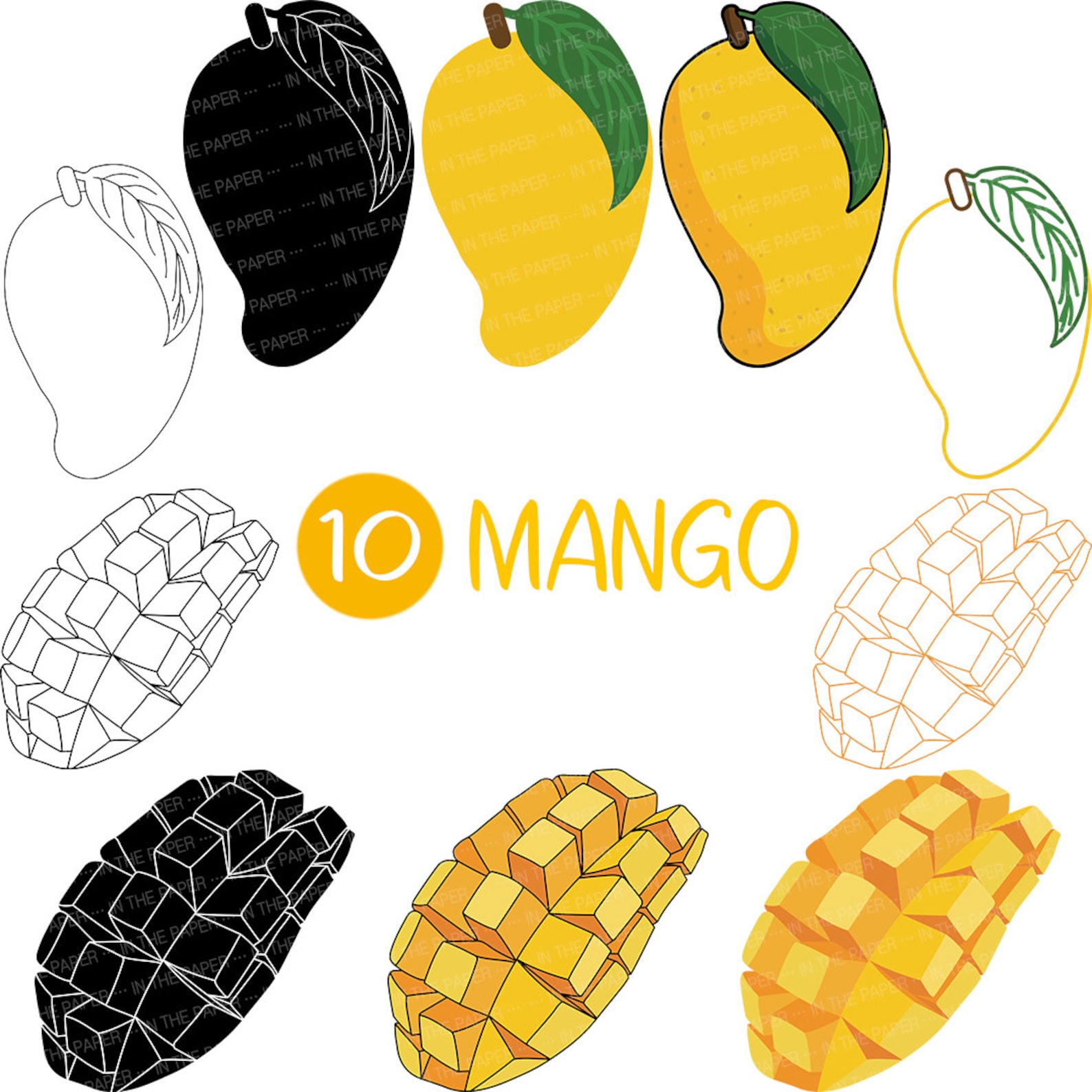 Mango SVG PNG Tropical Fruit Clip Art Food Slice Half Piece Black Line ...