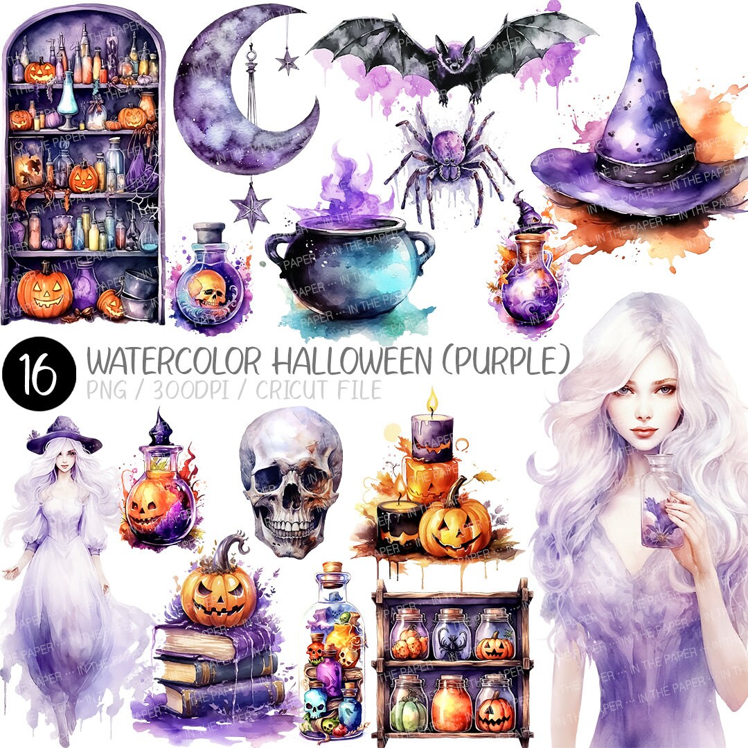 Watercolor Purple Halloween | Ghost Moon Spider Pumpkin Candle Potion ...