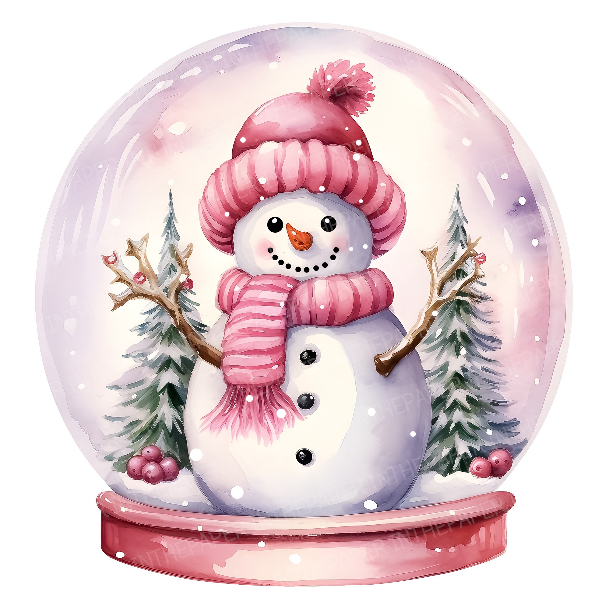 Pink Snow Globe With Adorable Snowman PNG | Watercolor Clip Art Cozy ...