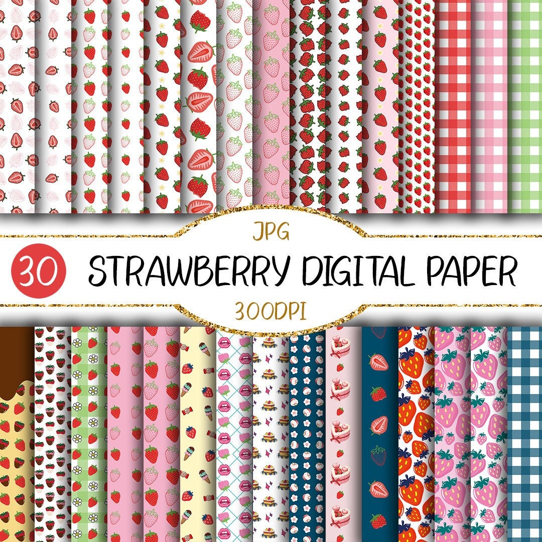 Strawberry Digital Papers | Seamless Cute Kawaii Fruit Dessert Patterns ...