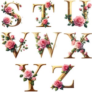 Gold Letter Pink Rose Watercolor | Alphabet Floral Vine Luxury ...