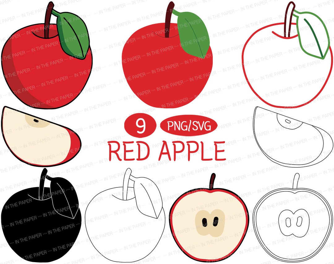 Red Apple SVG | Fruit PNG Clip Art Slice Silhouette Coloring Page Book ...