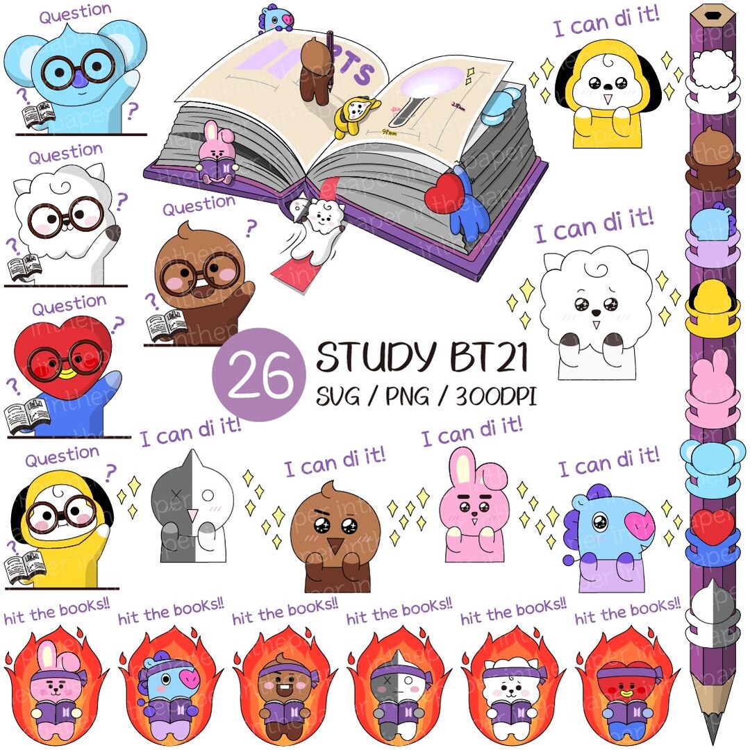 Study BT21 Svg BTS Png Army Clip Art Sticker Koya RJ Shooky Mang Chimmy ...