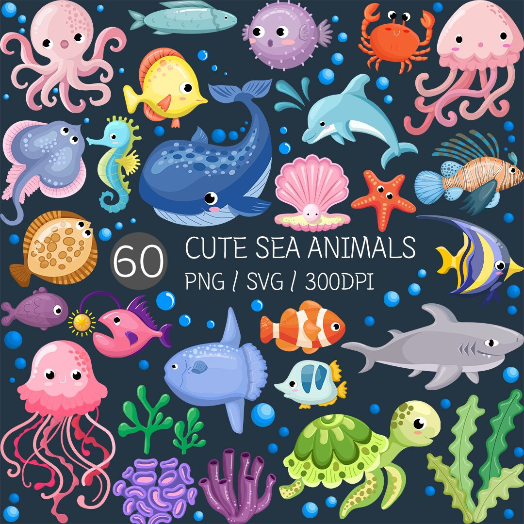 Animales marinos SVG / Lindos peces PNG Clip art de tiburón Raya Pulpo ...