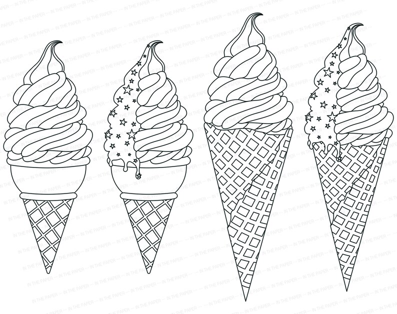 Soft Serve Ice Cream Coloring Paper | Waffle Cone Outline Clipart Syrup ...