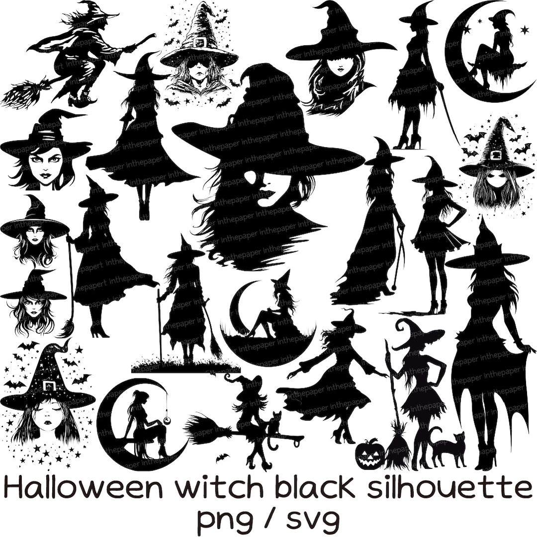 Halloween Witch | Black Silhouette Outline Vector SVG PNG Hat Broom ...
