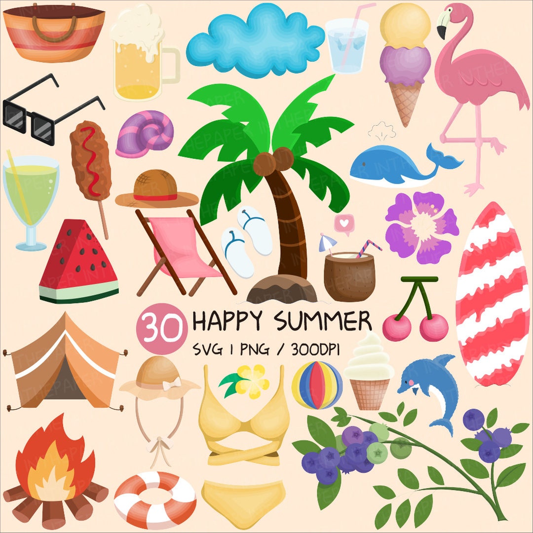 Happy Summer SVG PNG Cute Clipart Whale Dolphin Bikini Beach Coconut ...