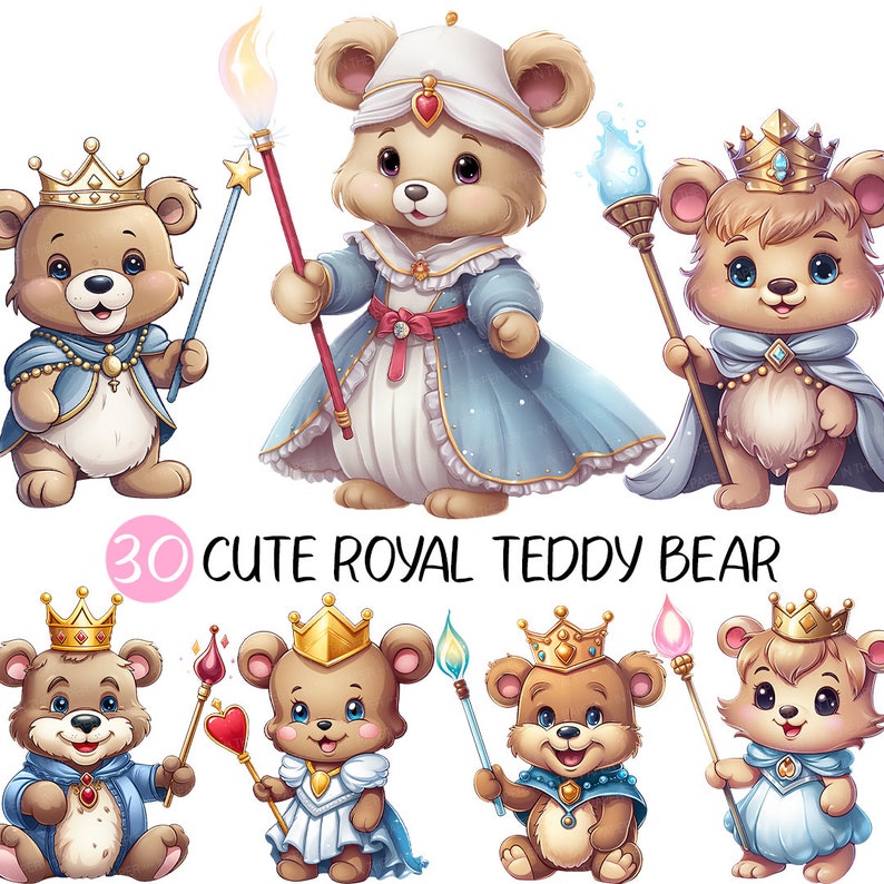 Cute Royal Teddy Bear PNG | Doll Clipart Dress Cloak Wand Crown Tiara ...