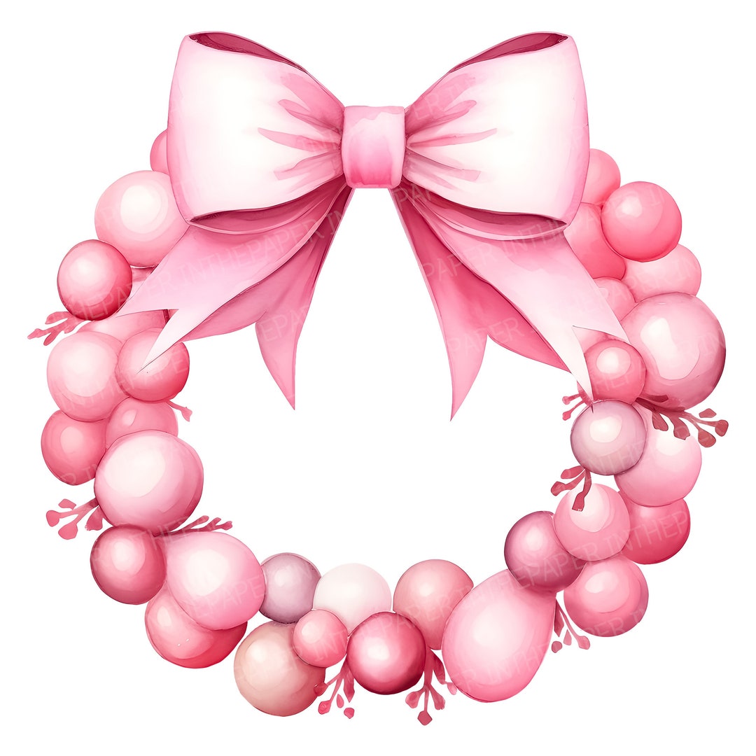 Adorable Pink Christmas Wreath PNG | Watercolor Clip Art Balls Leaves ...