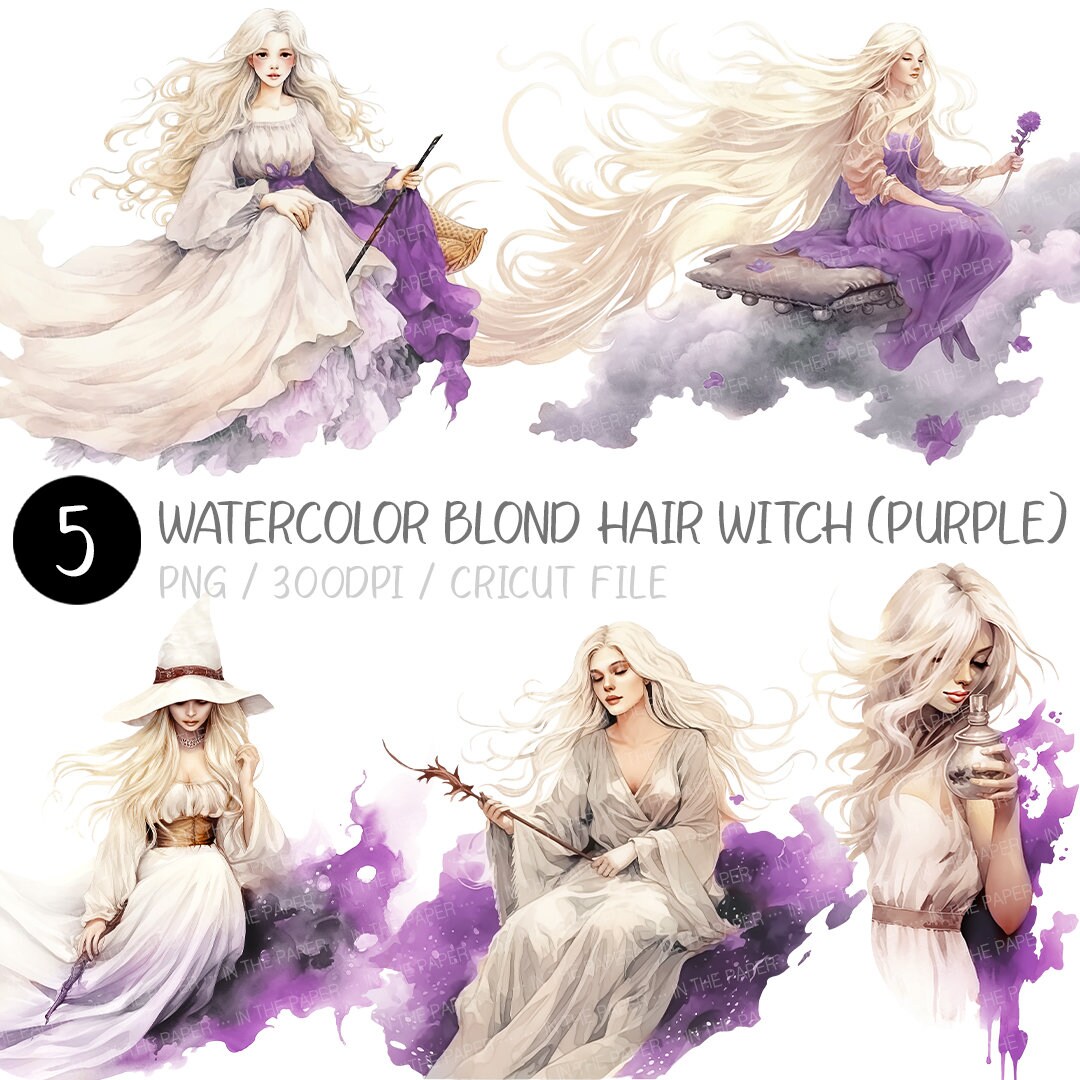 Watercolor Halloween Witch PNG purple Blond Hair, White Hair, Clip Art ...