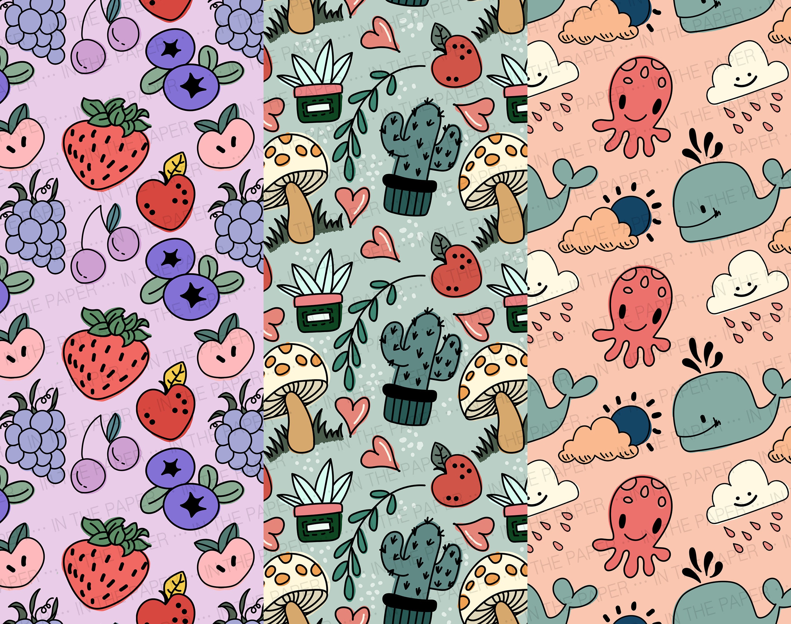 Seamless Cute Doodle Digital Paper Fruit Flower Sea - Etsy