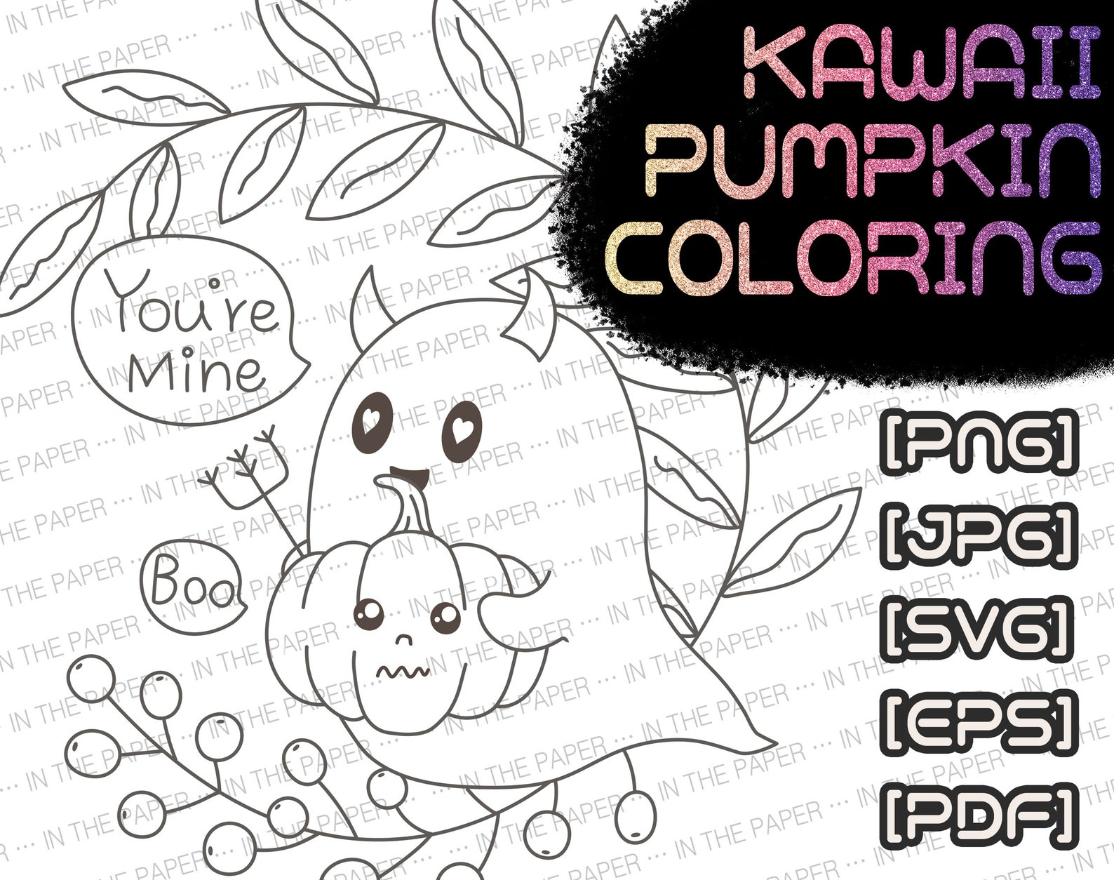COLORING PAGES Kawaii Pumpkin Png Jpg Svg Eps Pdf Clipart Vector Books ...