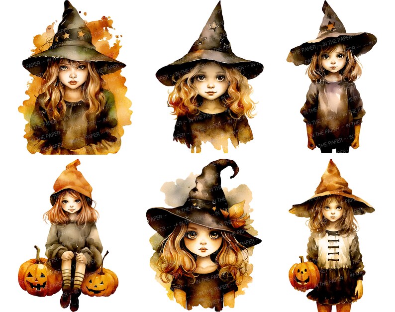 Vintage Watercolor Halloween Girl Witch, Hat, Pumpkin, Cute, PNG ...