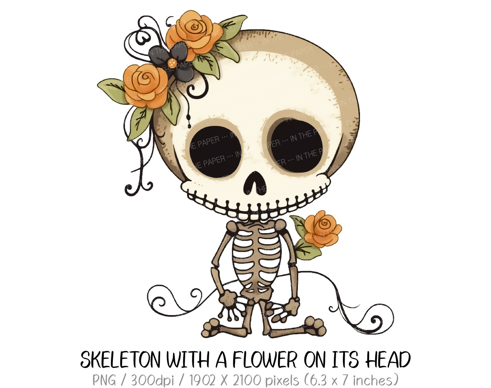 Skeleton With a Flower on Its Head PNG Skull Halloween - Etsy