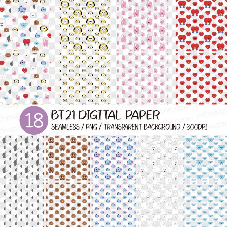 BT21 Digital Paper PNG Seamless Transparent Background Scrapbook BTS ...