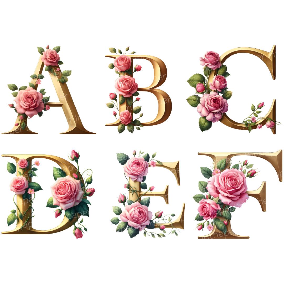 Gold Letter Pink Rose Watercolor | Alphabet Floral Vine Luxury ...