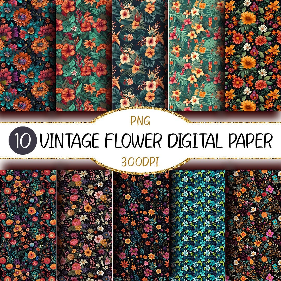Vintage Flower Digital Papers Background, Scrapbook, Wall Art, Rose ...