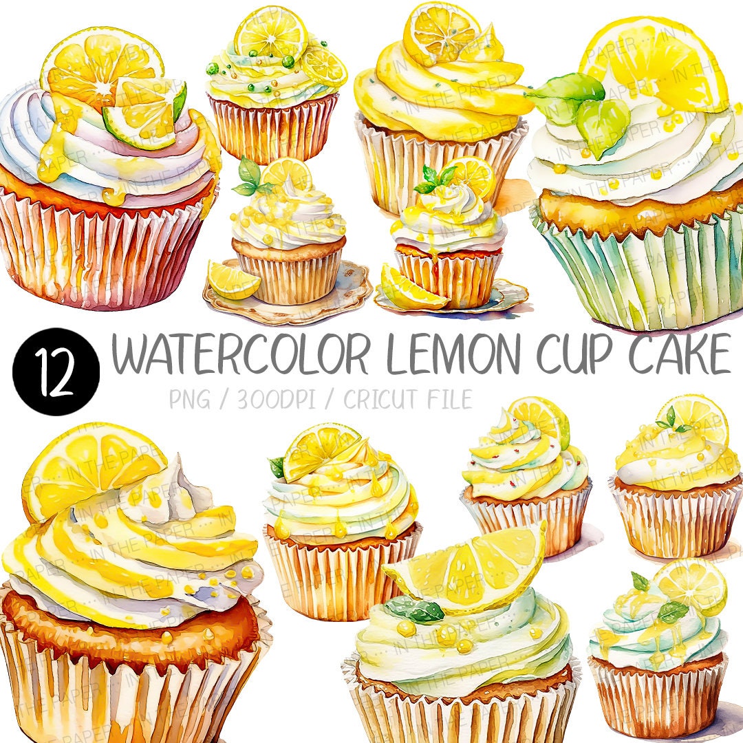 Watercolor Lemon Cup Cake PNG | Citrus Dessert Clipart Whipped Cream ...