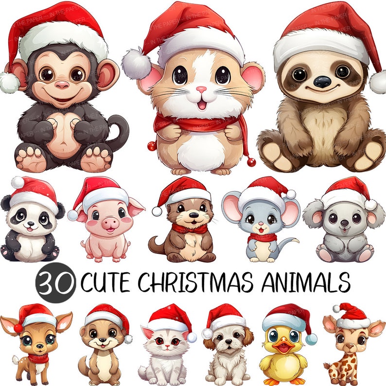 Cute Christmas Animals PNG | Santa Hat Clipart Adorable Elephant ...