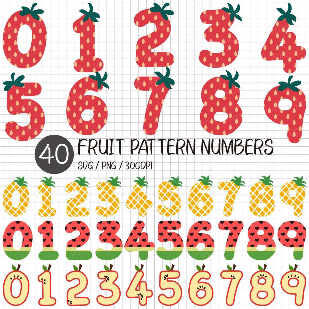 Fruit Numbers SVG | Font PNG Cute Clipart Pattern Strawberry Watermelon ...
