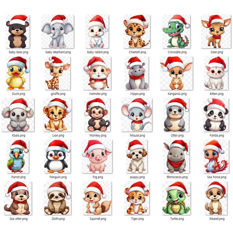 Cute Christmas Animals PNG | Santa Hat Clipart Adorable Elephant ...