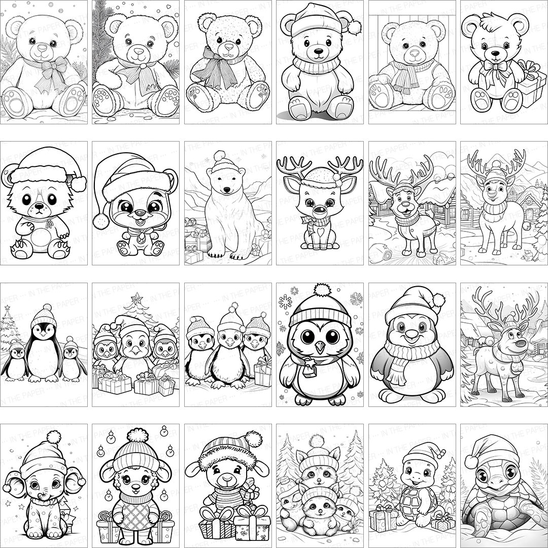 120 Christmas Animal Coloring Page for Kid | Book Baby Cute Santa Hat ...