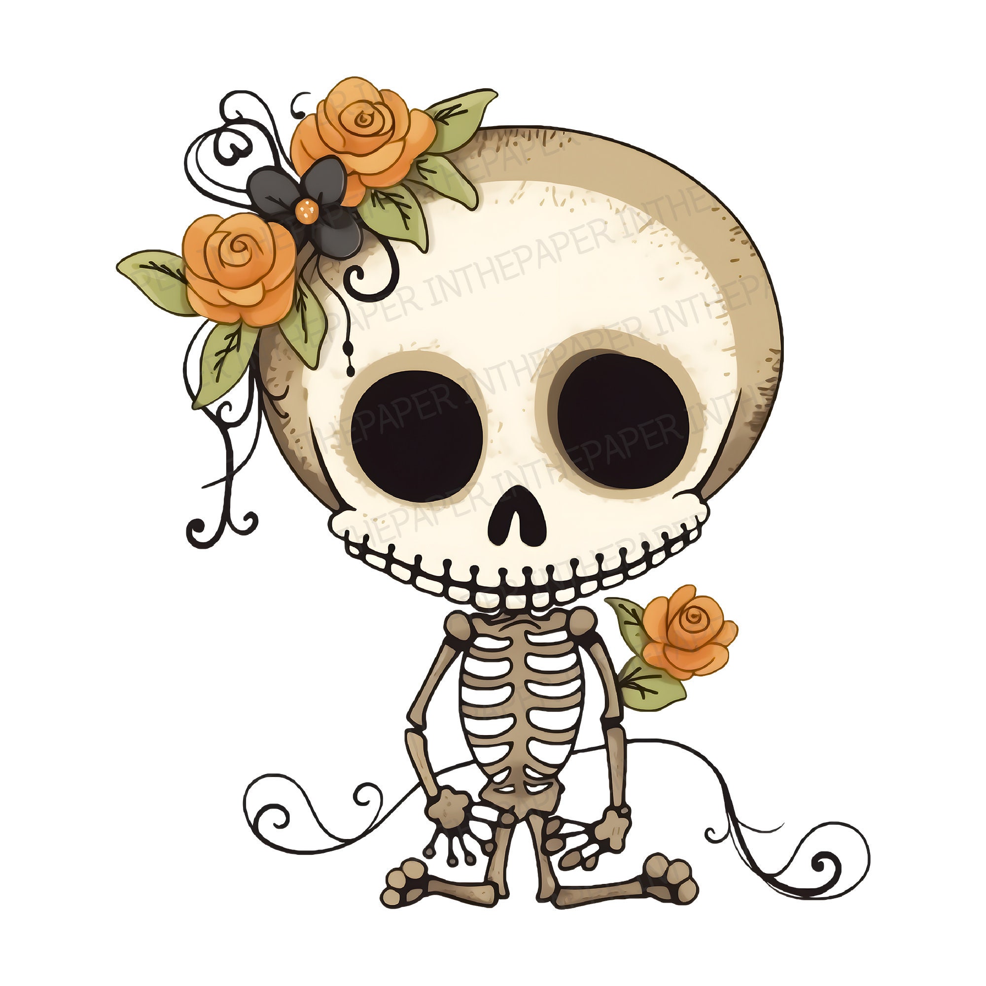 Skeleton With a Flower on Its Head PNG Skull, Halloween, Bone, Hairpin ...