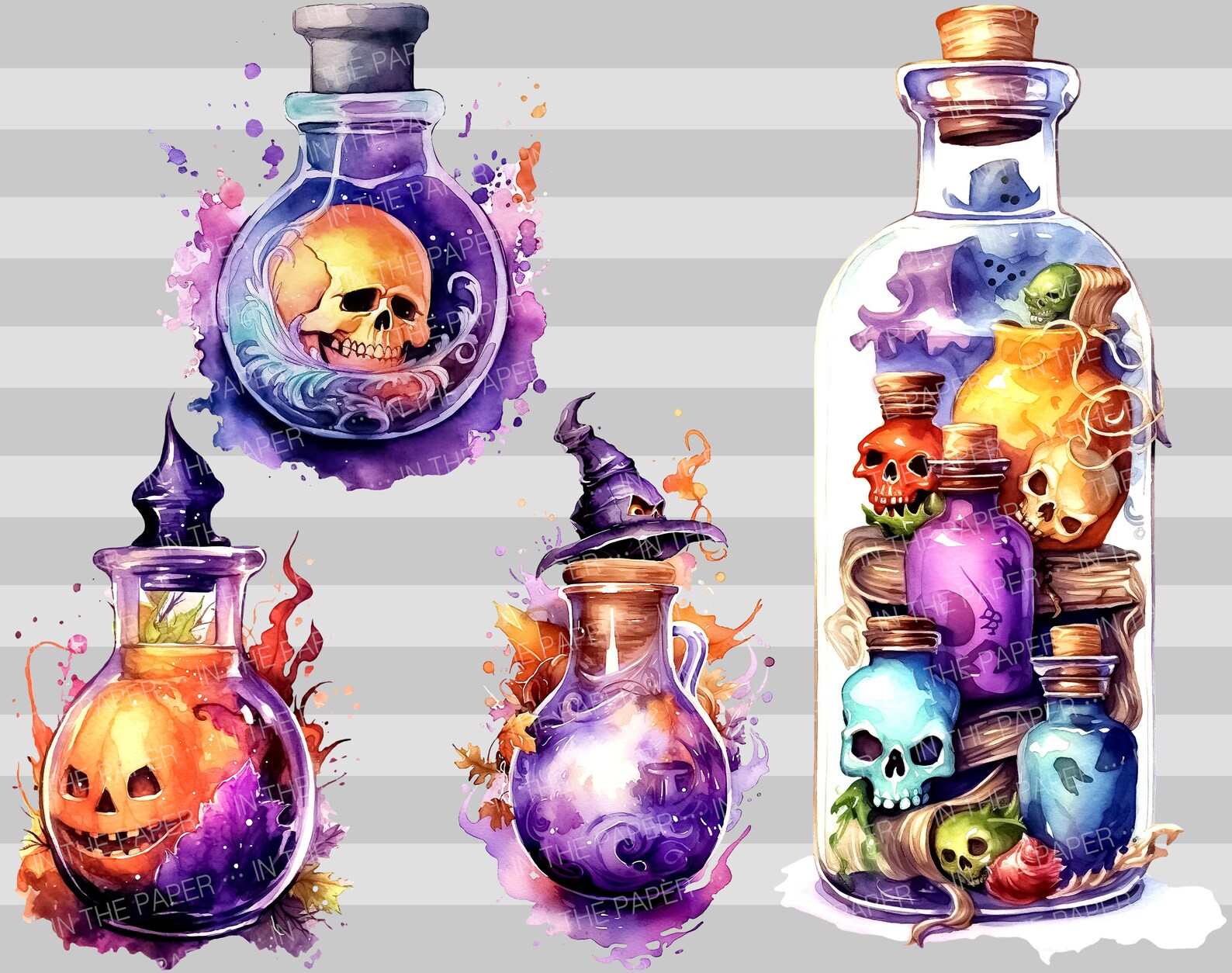 Watercolor Purple Halloween | Ghost Moon Spider Pumpkin Candle Potion ...