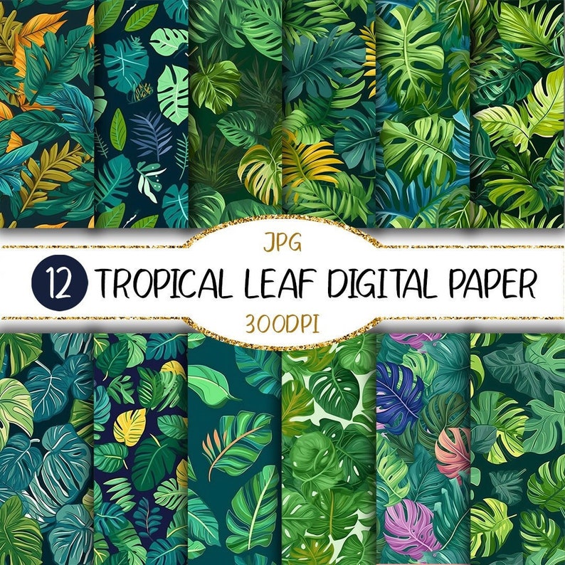 Seamless Tropical Leaves Digital Papers Background, Scrapbook, Wall Art ...