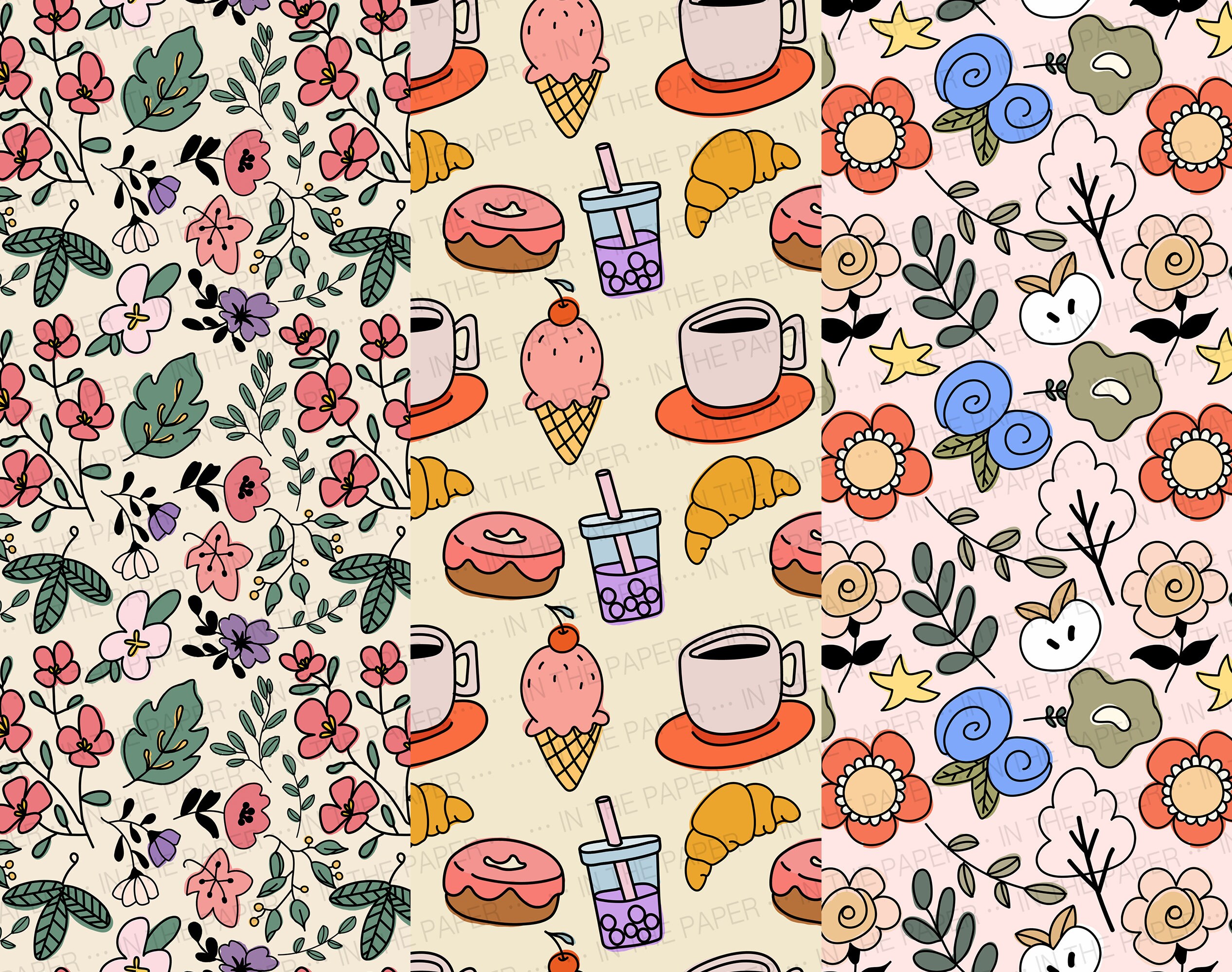 Seamless Cute Doodle Digital Paper Fruit Flower Sea - Etsy