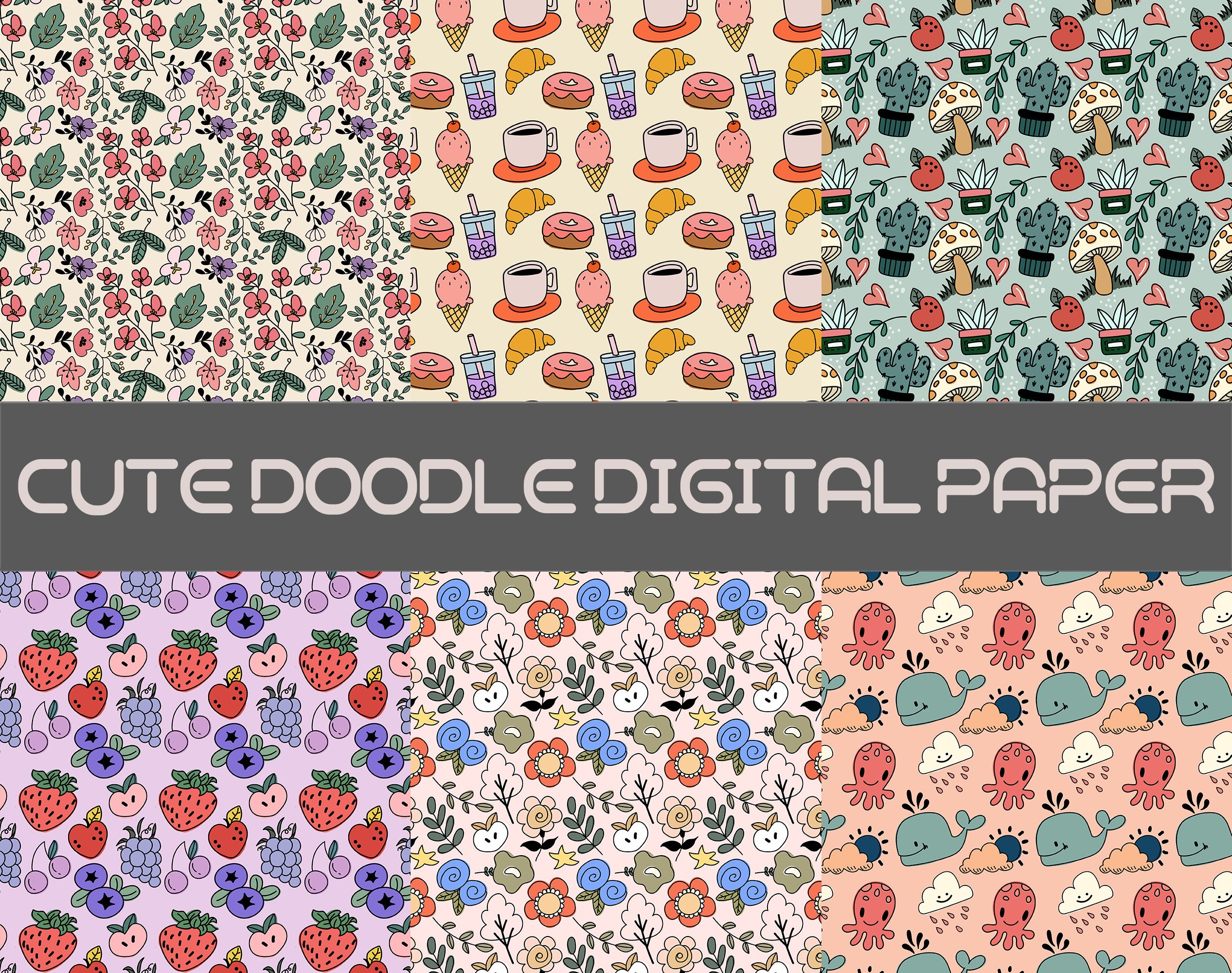 Seamless Cute Doodle Digital Paper Fruit Flower Sea - Etsy