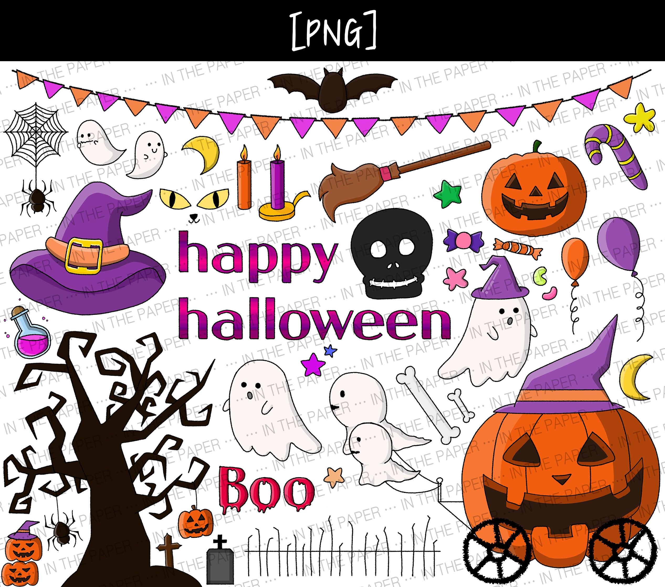 Happy Halloween PNG Svg Clip Art Skull Boo Bats Ghost Pumpkin Cute ...