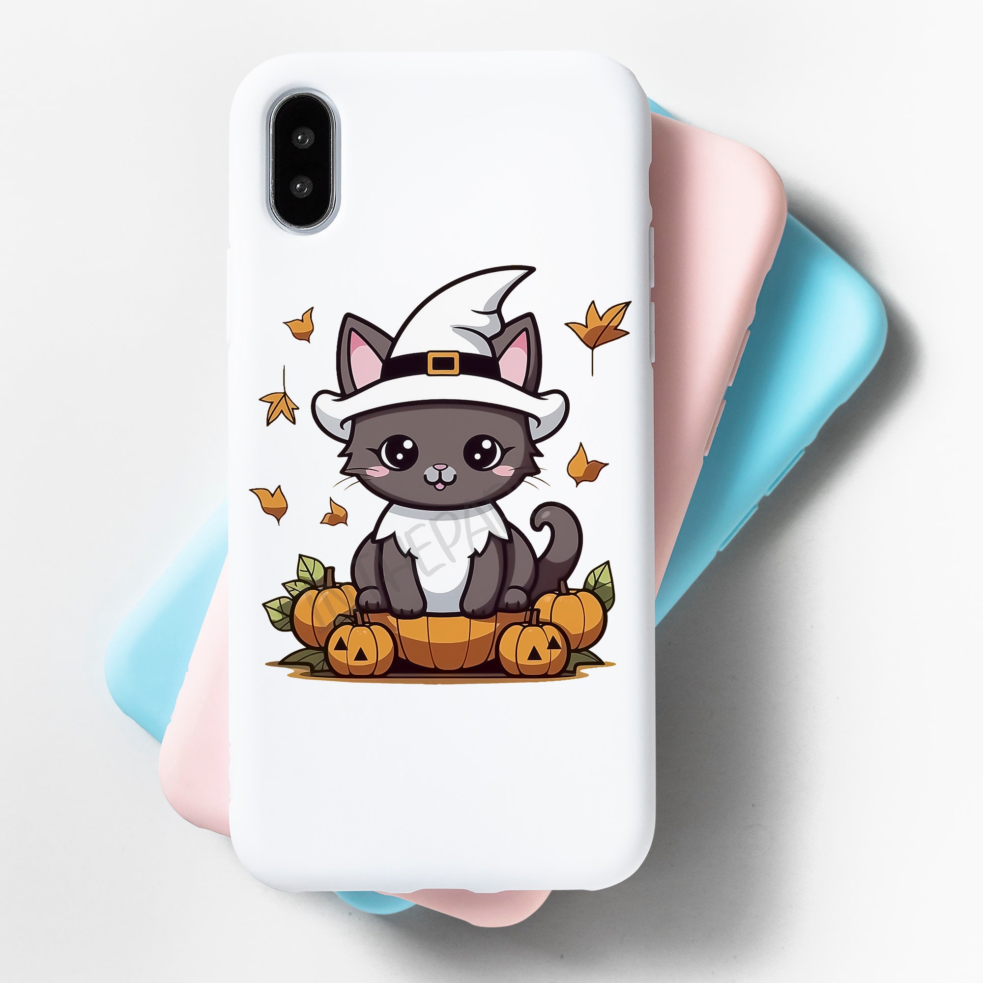Halloween Black Cat in Hat PNG Pumpkin Fallen Leaves Clip - Etsy
