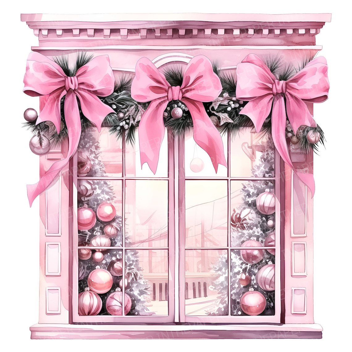 A Window With a Christmas Tree Visible and Decorated With Pink Ribbon ...
