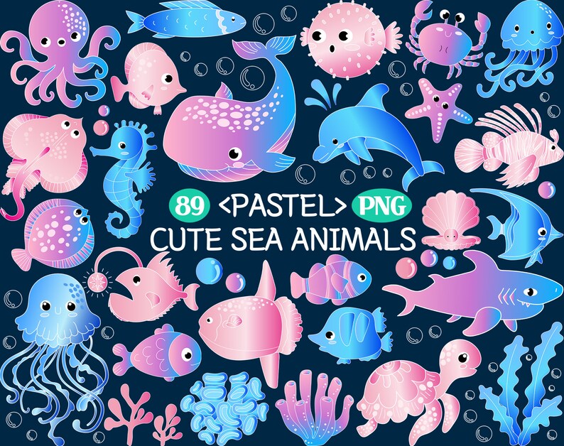 Cute Sea Animals PNG Pastel Art Fish Shark Stingray - Etsy