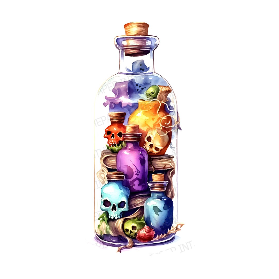 Watercolor Halloween Skull Potion Bottle PNG Magic Potion, Vial ...