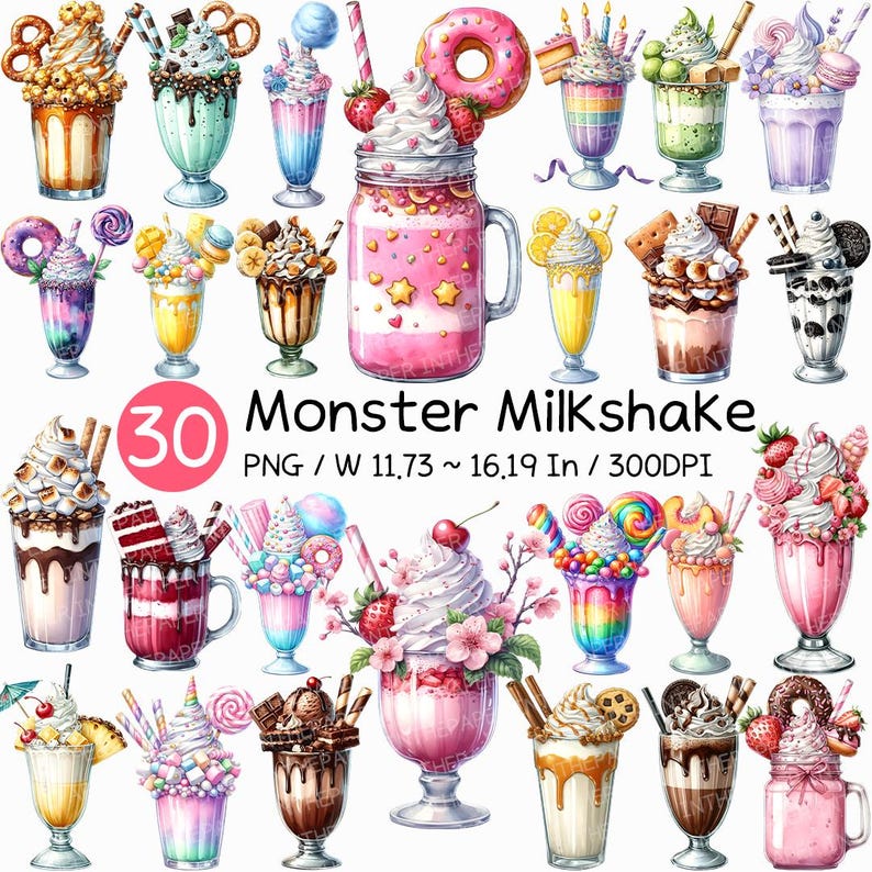 Monster Milkshake | Watercolor Clipart Cute Dessert Drink Candy ...