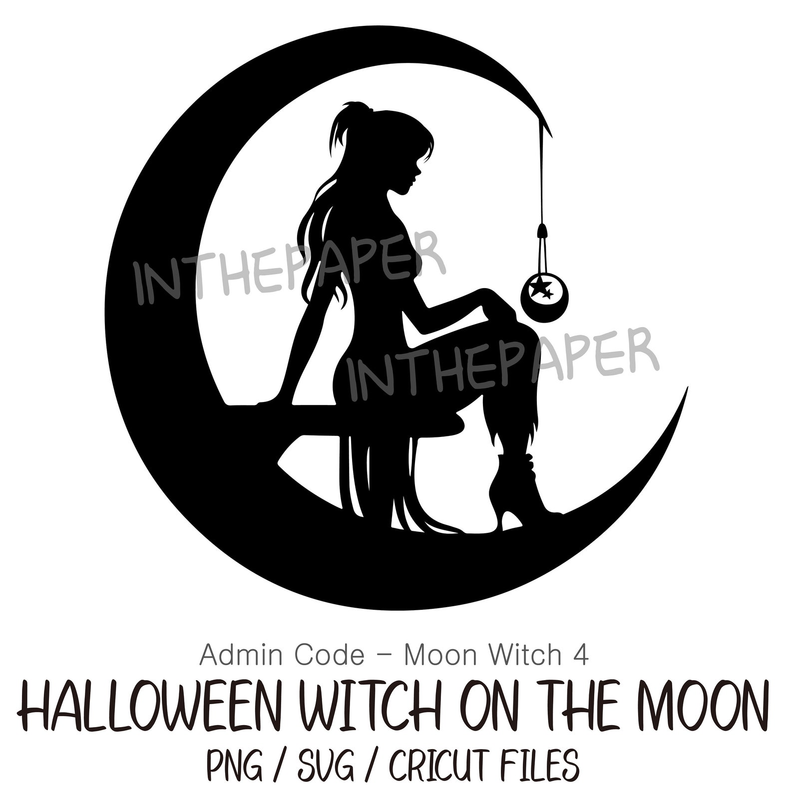 Halloween Witch on the Moon SVG, PNG, Black Silhouette, Line Art, Black ...