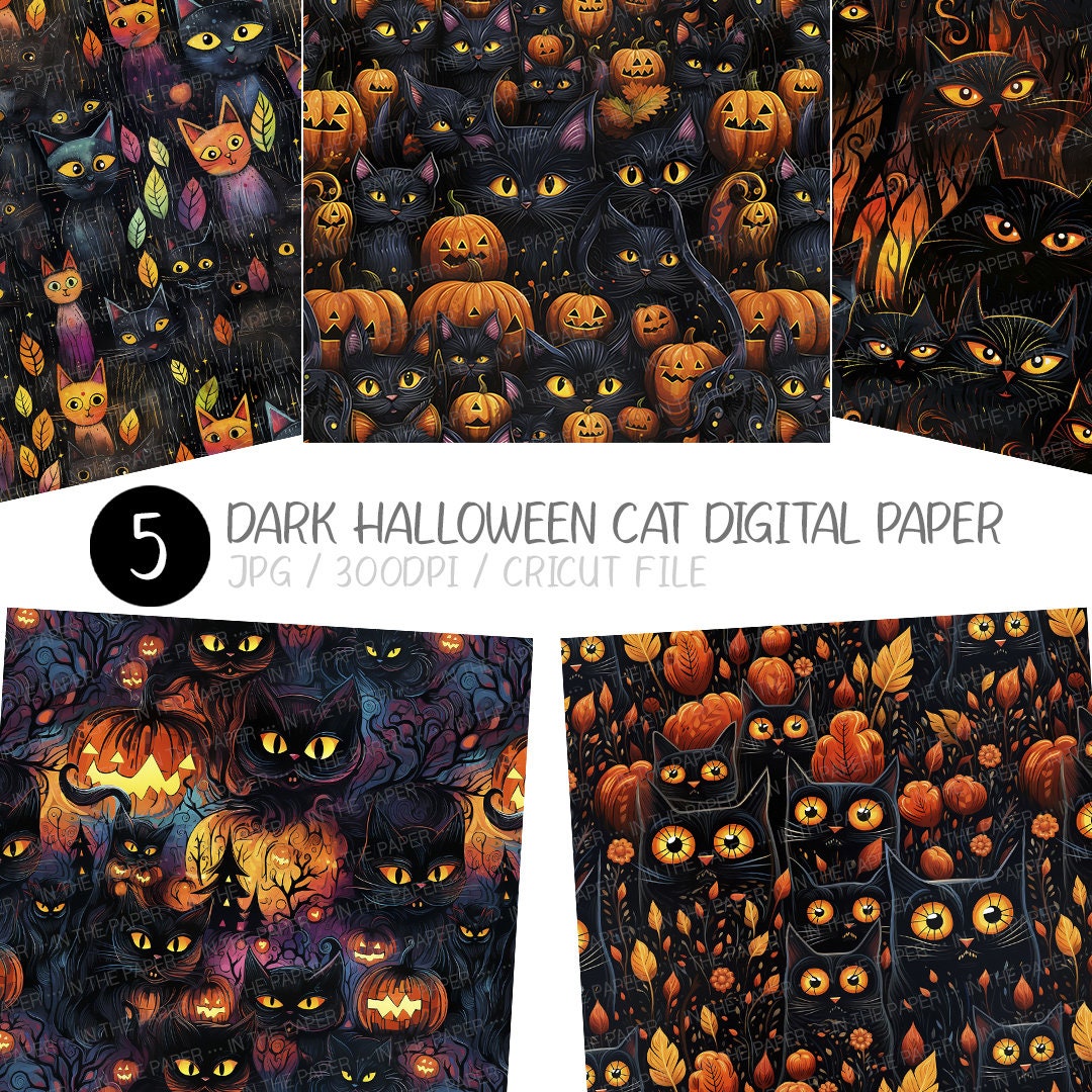 Seamless Dark Halloween Cat Digital Paper / Pumpkin, Black Cat ...