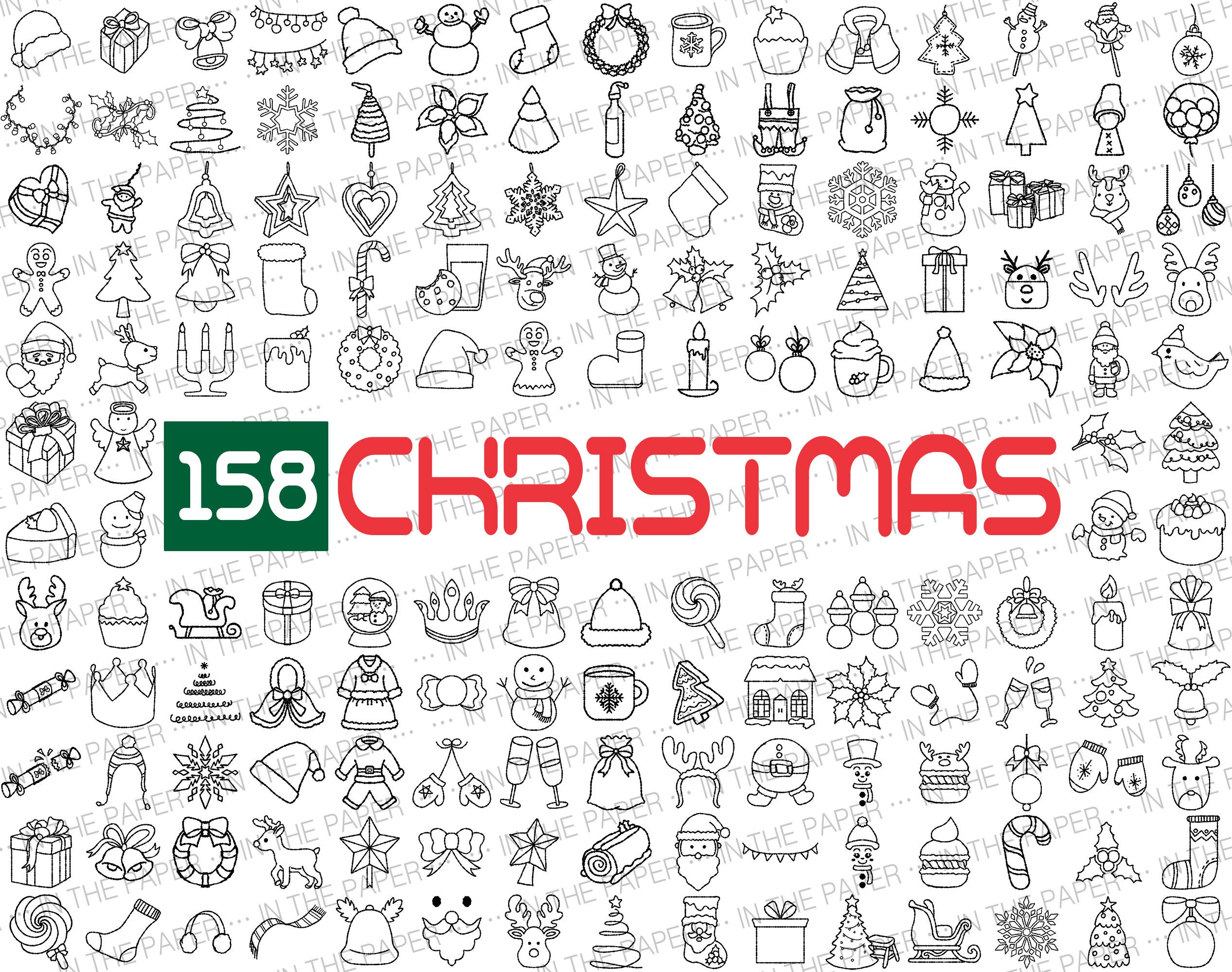 160 Christmas Doodle SVG PNG Clipart Coloring Page Tree Bell Santa Hat ...