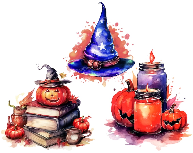 Watercolor Red Halloween | Ghost Moon Spider Pumpkin Candle Potion ...